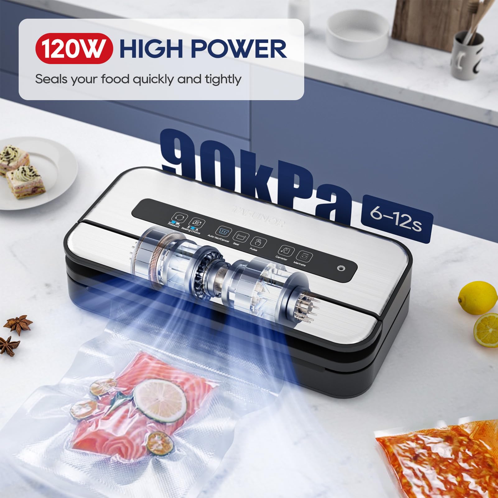 Liquid Vacuum Sealer Machine, 90Kpa Vacuum Sealer for Liquid/Dry/Moist food, Double Heat Seal, Easy-Lock Handle, Built-in Cutter and Bag Storage & Removable Drip Tray | 2 Bag Rolls