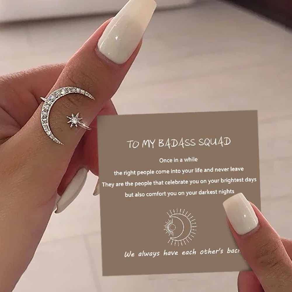 DJRH to My Badass Squad Ring - ''We Always Have Each Other's Back'', Sun and Moon Star Rings, Half Moon Star Ring Ladies (Silver)