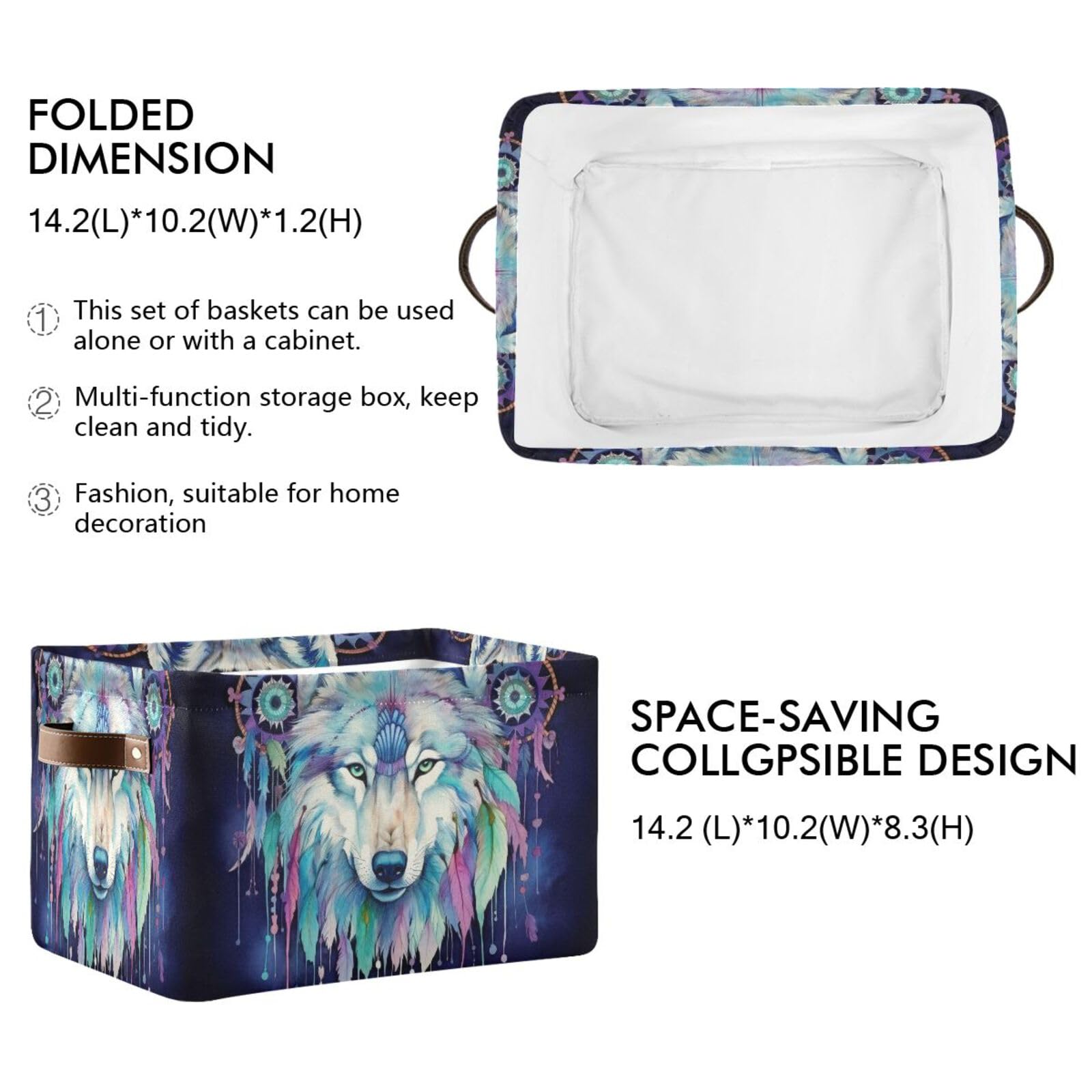 KJIZMO Wolf and Dream Catcher Foldable Storage Basket for Shelves, Collapsible Sturdy Storage Bin with Handles, Canvas Storage Cube for Organizing Closet 1PC
