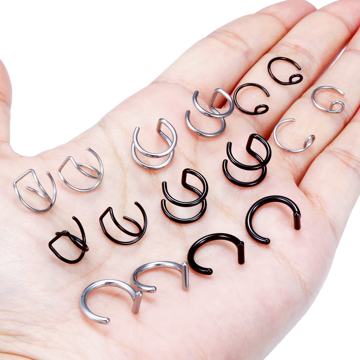 Ftovosyo Fake Lip Rings T Shaped Stainless Steel Gothic Clip on Non Piercing Nose Ring Double Cartilage Helix Earrings Ear Cuff for Women Men