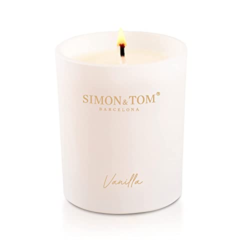 Simon&Tom Highly Scented Premium Vanilla Candle 10 Oz - 100 Hour Burn - Natural Organic Soy Wax - Aromatherapy Glass Candle Jar - Candle Jar with Matte White Gift Box for Home & Office - Vegan