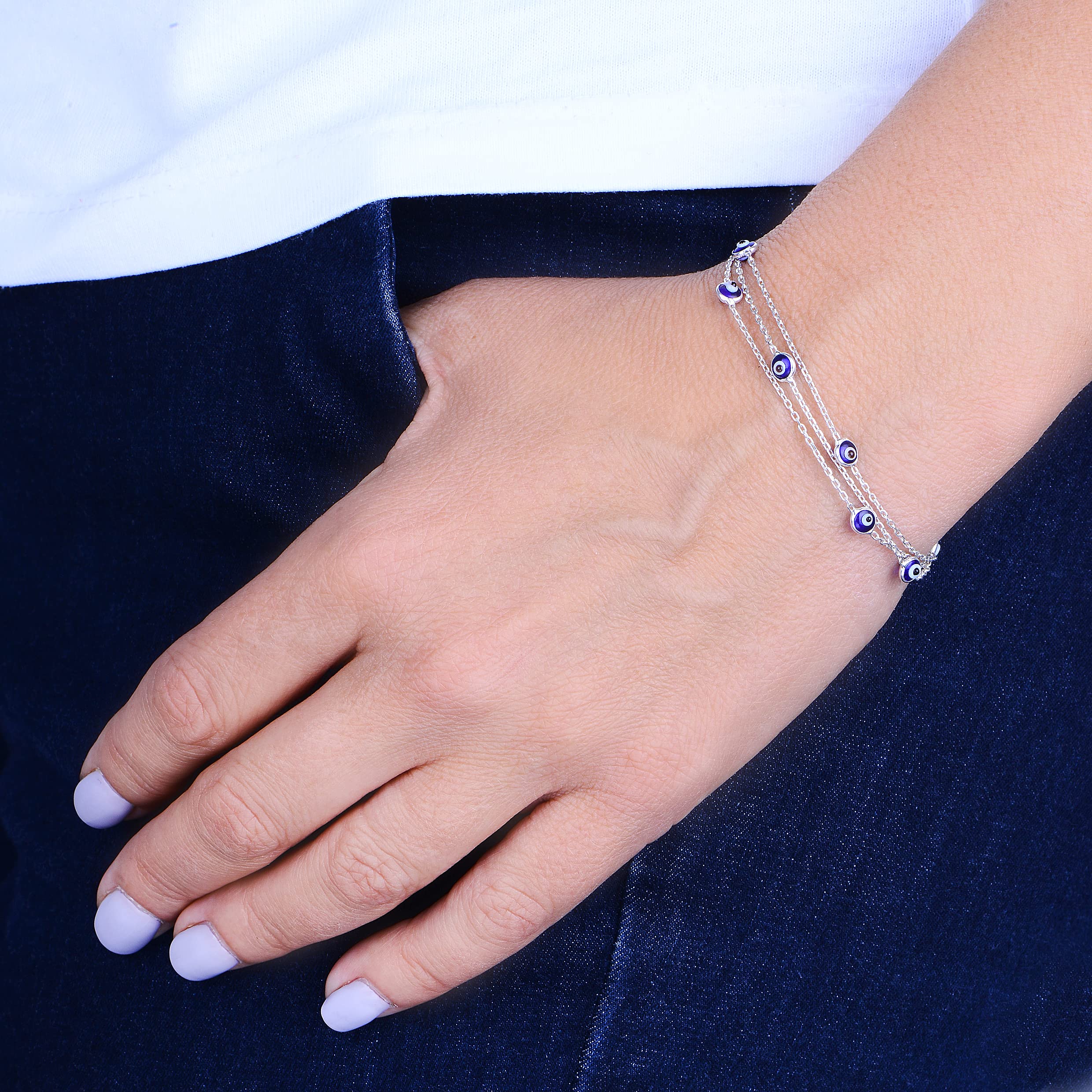 Evil Eye Bracelets 925 Sterling Silver - Triple Chain Protection Blue Ojo Turco Bracelet for Women - Womens Dainty Boho Jewelry - Kabbalah Lucky Amulet - Adjustable Size 6-8 (Blue)
