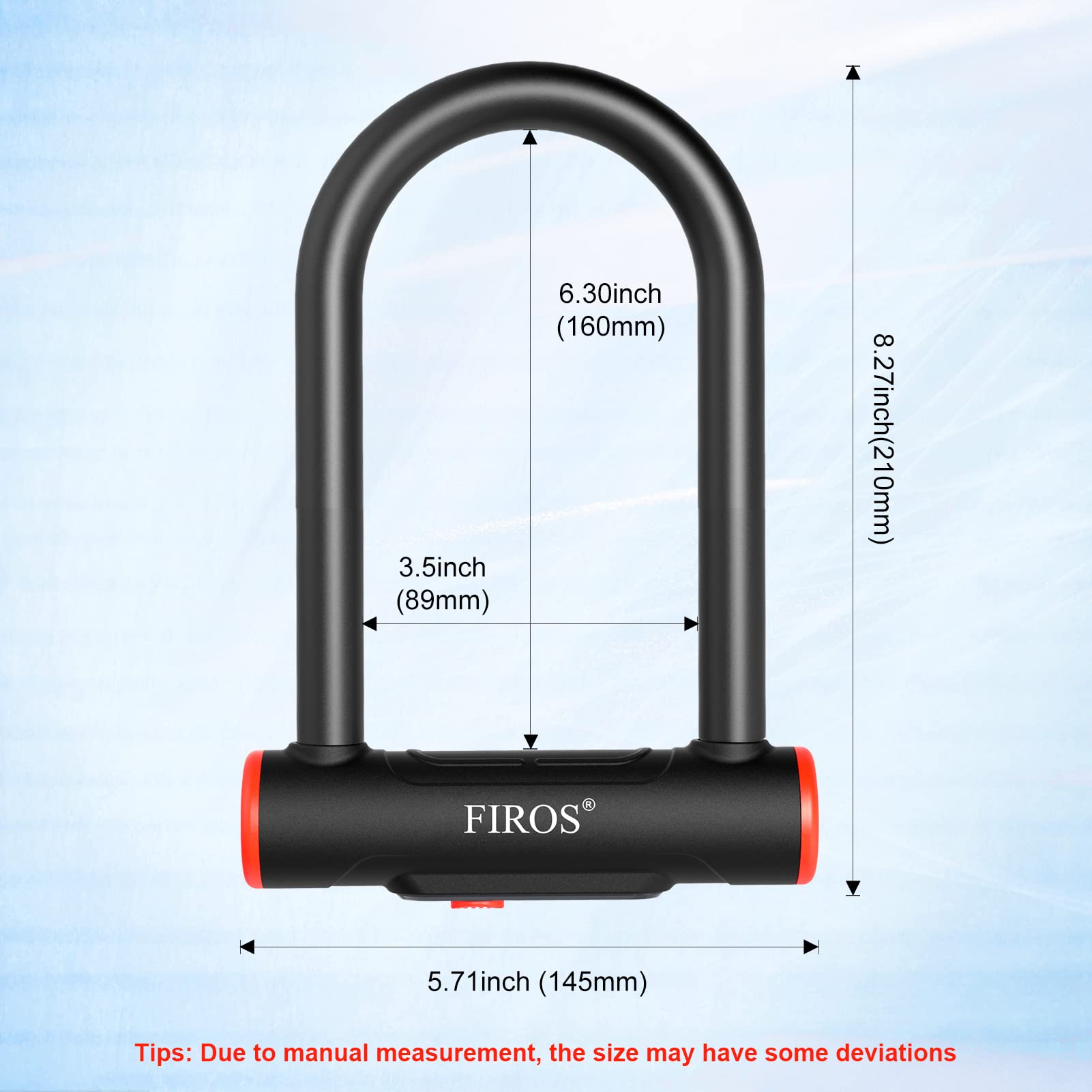FIROS Anti-Theft Bike U Lock, Heavy Duty, 16mm, Black, 5ft Steel Cable, Mounting Bracket, 9.45x6.69in