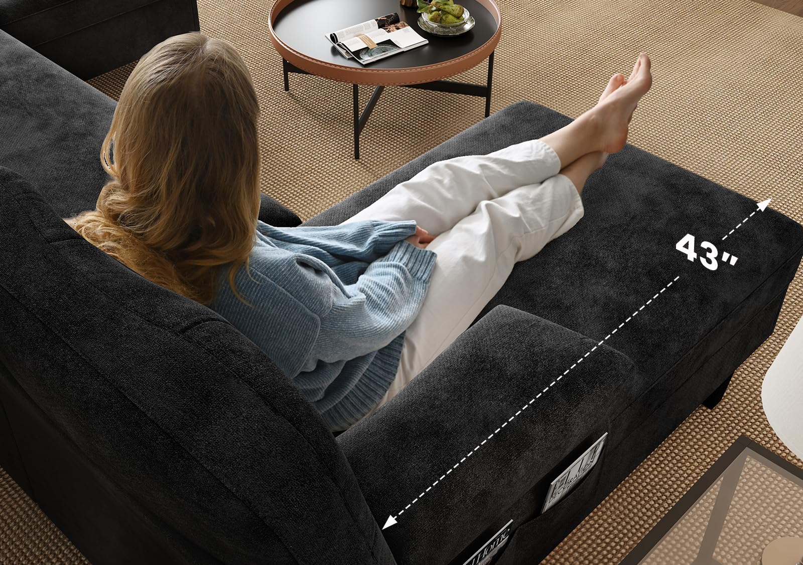 KKL Convertible Sectional Sofa Couch, Couch with Double Chaise, 100 Inch U Shaped Modern Modular Sofa, 4 Seat Sofa Set for Living Room, Chenille, Black