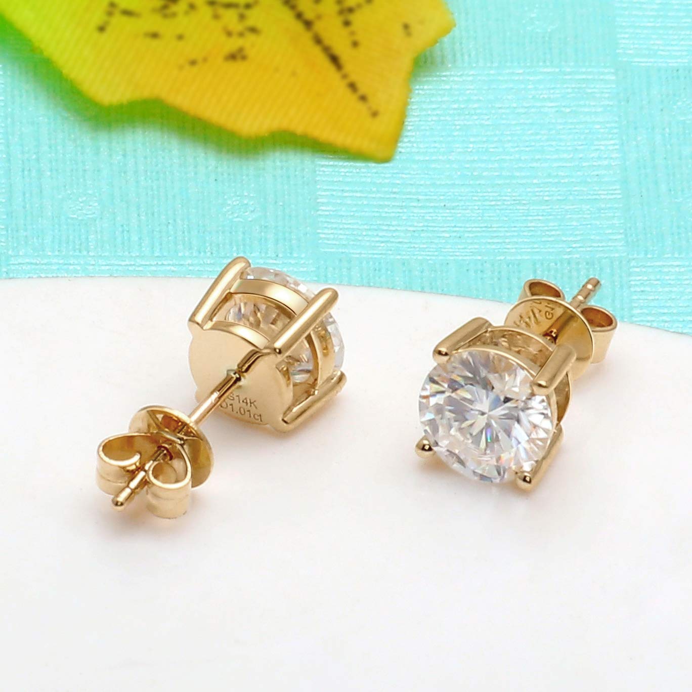 DovEggs Solid 14K Yellow Gold 2ct 6.5mm G-H Color Heart Arrows Cut Moissanite Basket Stud Earrings Push Back for Women