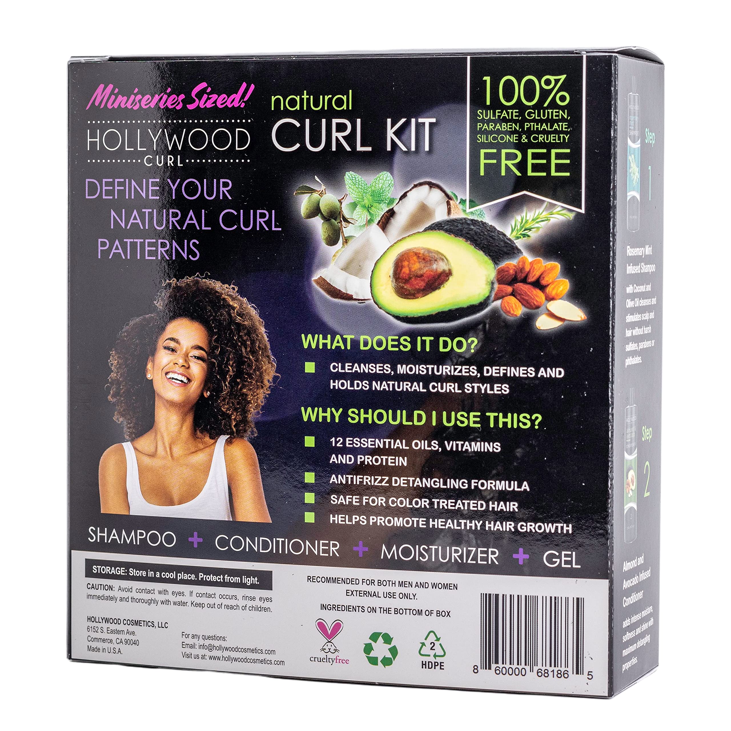 Hollywood Curl 4 Pack Natural Curl Styling Kit - Women and Men β Wavy and Frizzy Hair Control - w/Essential Oils, Vitamins, and Protein β Includes Shampoo, Conditioner, Curling Cream, and Styling Gel