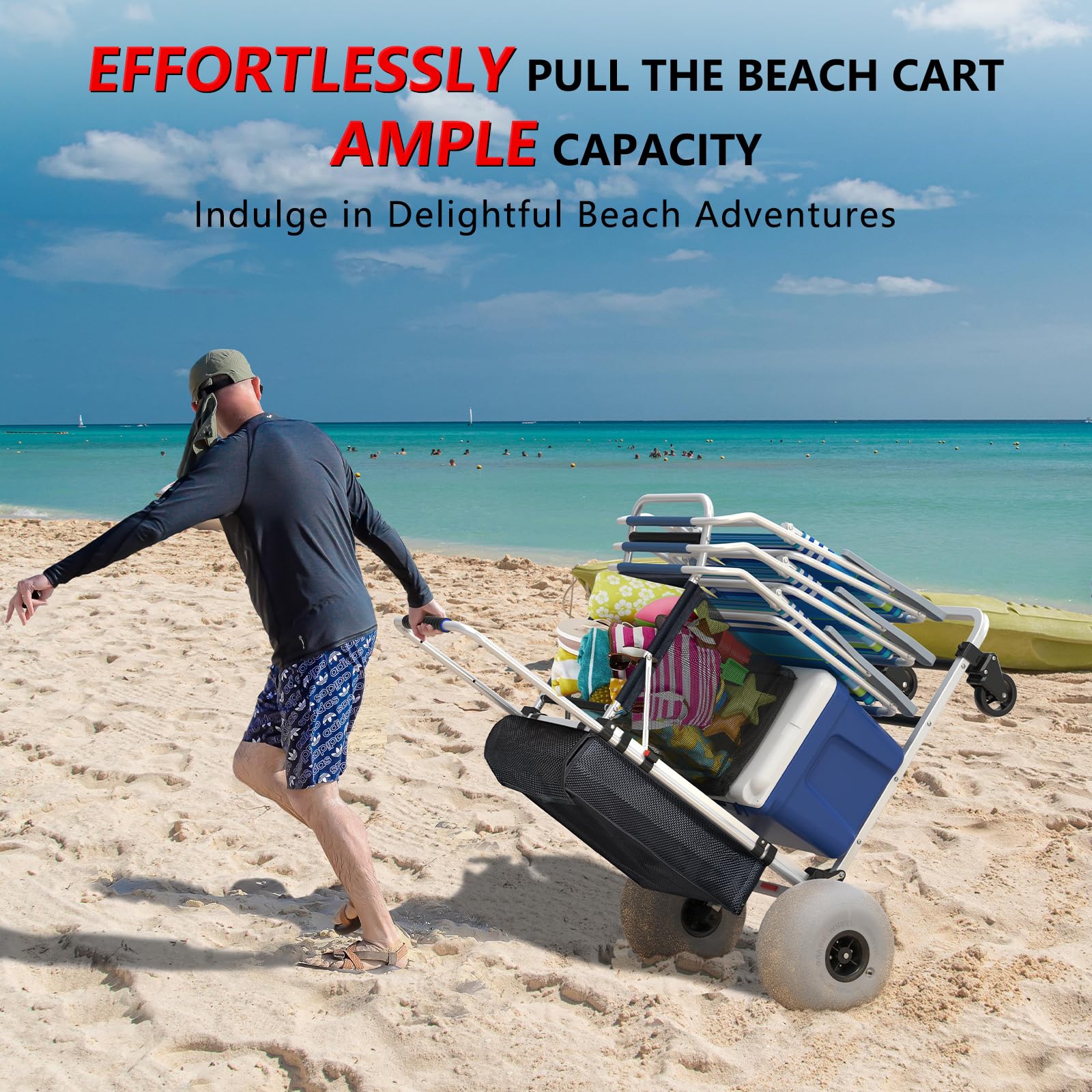 GDLF Beach Cart for All Types of Sand, Foldable Beach Cart with Adjustable Handle and 12" Balloon Wheels, Heavy Duty Aluminum Beach Wagon 220LBS Loading Capacity and Large Cargo Deck 29.5" x 16"