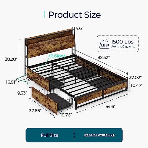 LINSY Full Size Bed Frame with 4 Drawers & Headboard, Bed Frame with RGB Lights & Fast Charger, Fast Assembly Bed Frame Full with Storage, No Box Spring Needed, Rustic Brown