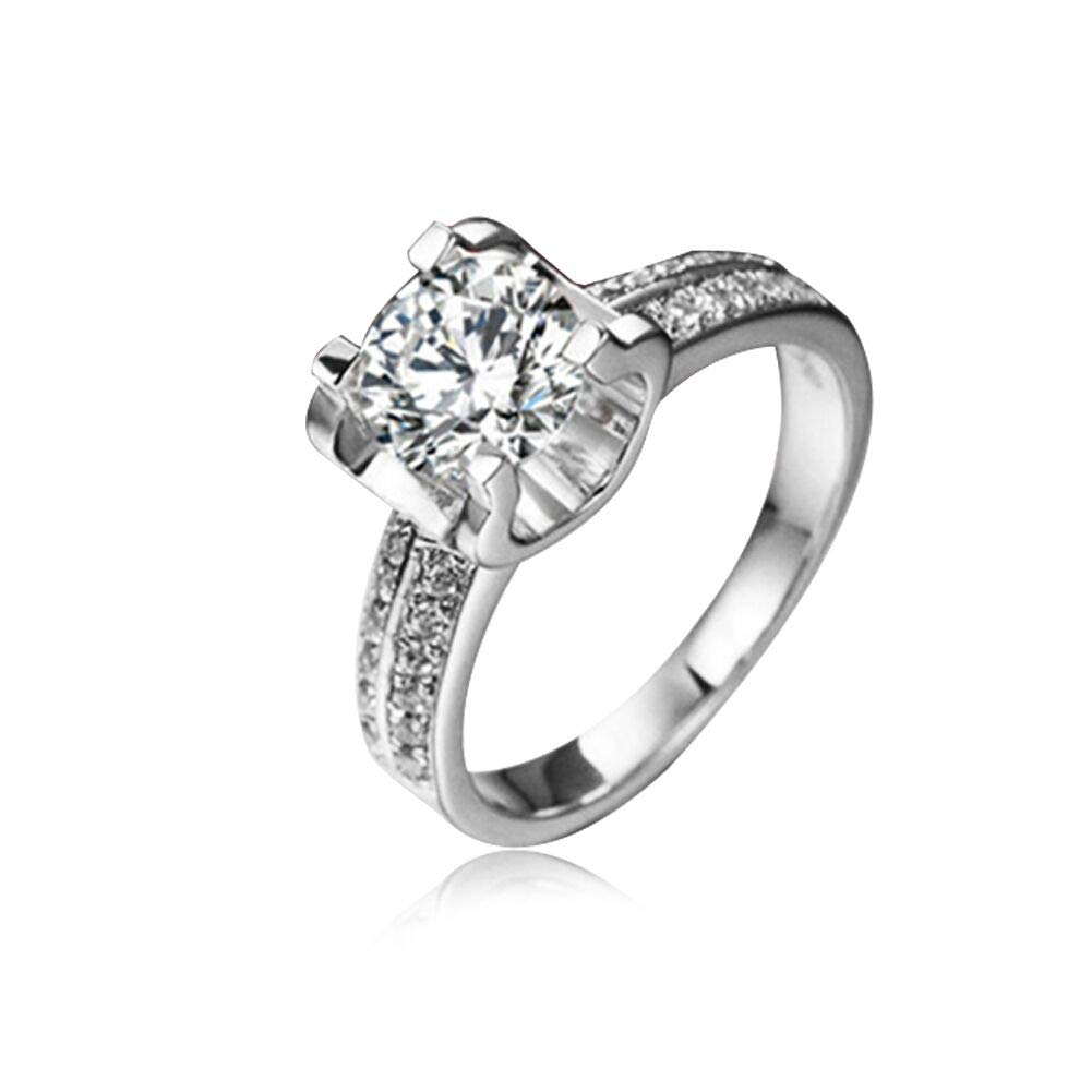 DYUNQ 2 CT Round CZ Engagement Cubic Zirconia Rhodium Plated Sterling Silver Wedding Ring for Women (3.75)