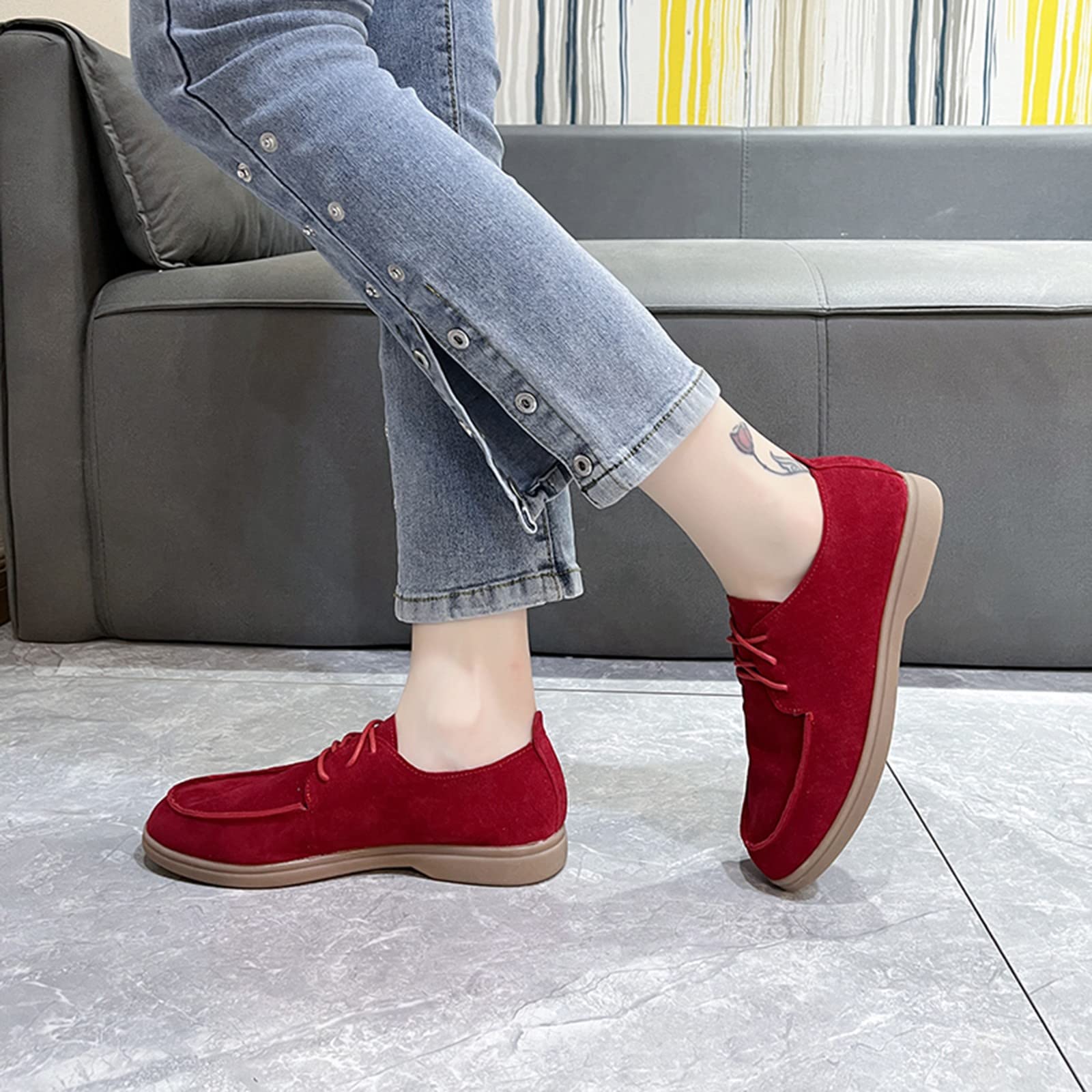 FASDNENDYS Suede Flat Front Lace Up Casual Flock Single Shoes Causal Shoes Women's Rain Boots Size 10 Red