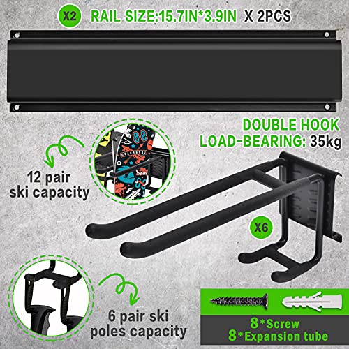 MENGXIANG Ski Wall Rack 6 Pairs of Ski Storage Rack Wall Mount Snowboard Rack for Home and Garage Skiing Storage Mount Holds Up to 300lbs