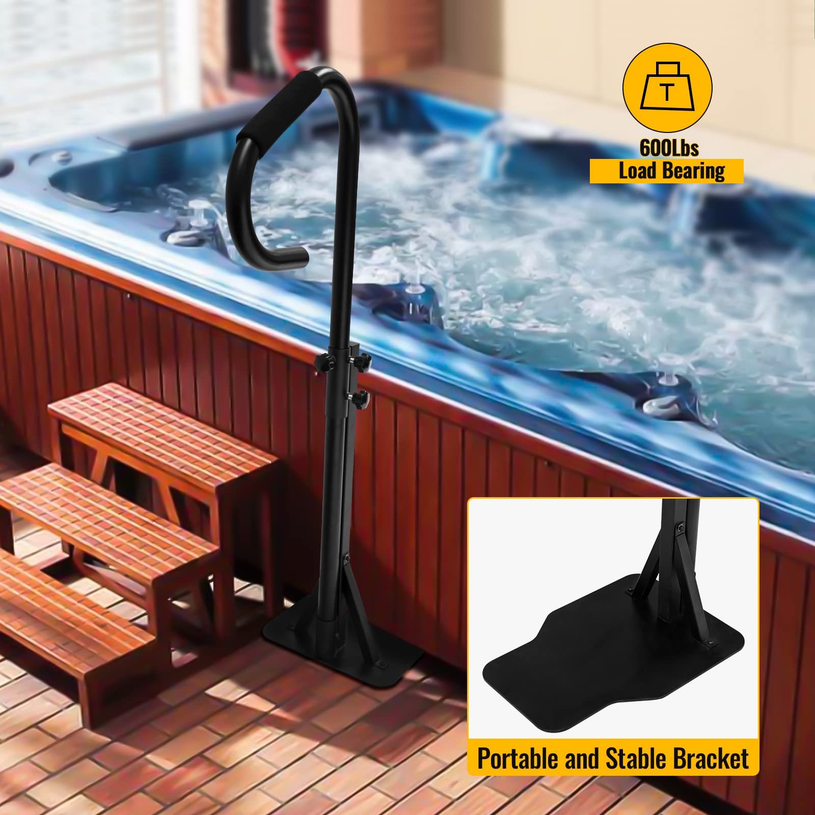KODOM Hot Tub Handrail Spa Safety Rail 57"H,Hot Tub Hand Rail Slide Under Mounting Base 600LBS Capacity Spa Side Handrail Hot Tubs Rail with Sponge Rubber Grip for Indoor/Outdoor Bath