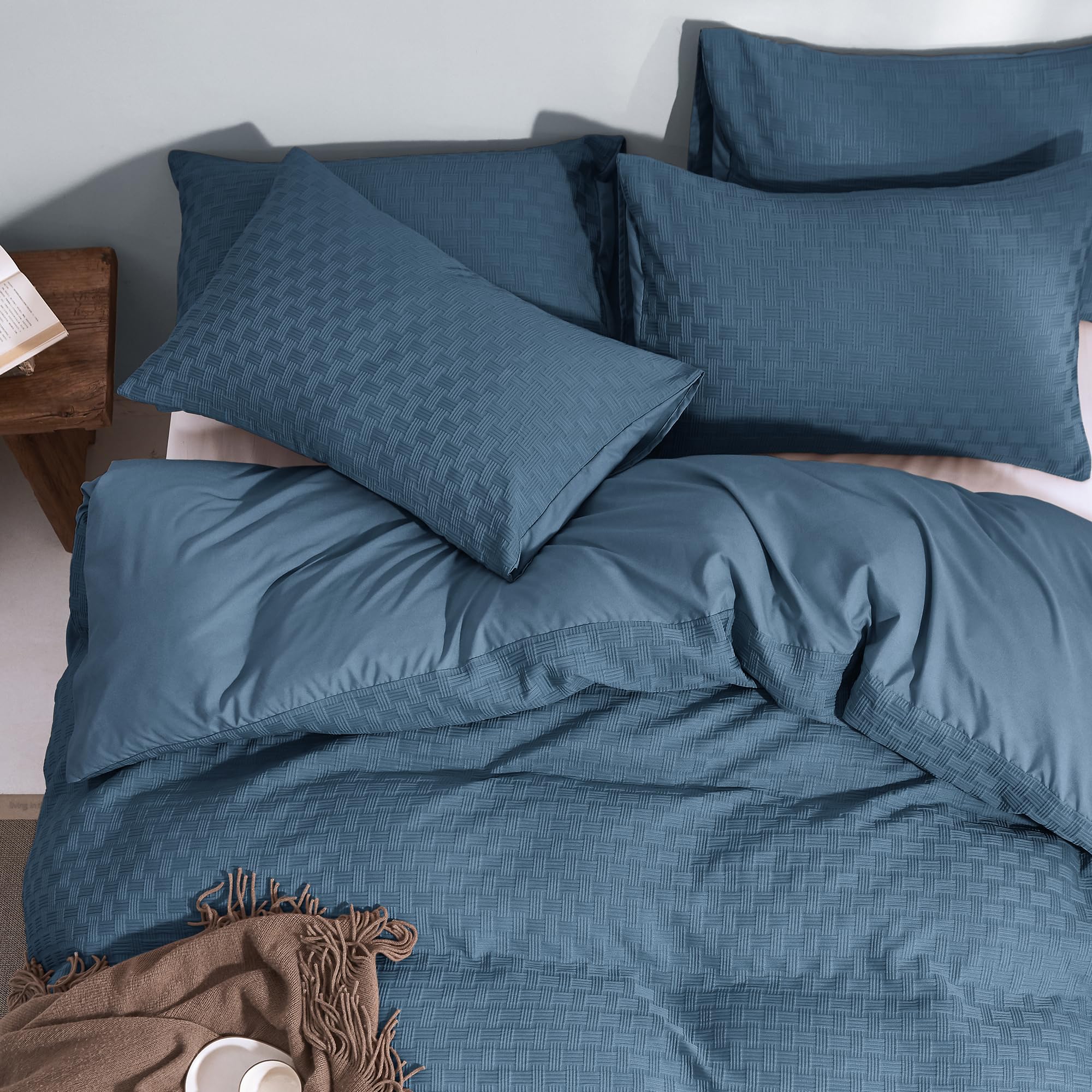 JELLYMONI Blue Duvet Cover Full Size - 3 Pieces Soft and Breathable Microfiber Knitted Jacquard Waffle Weave Striped Comforter Cover with 8 Corner Ties & Zipper Closure