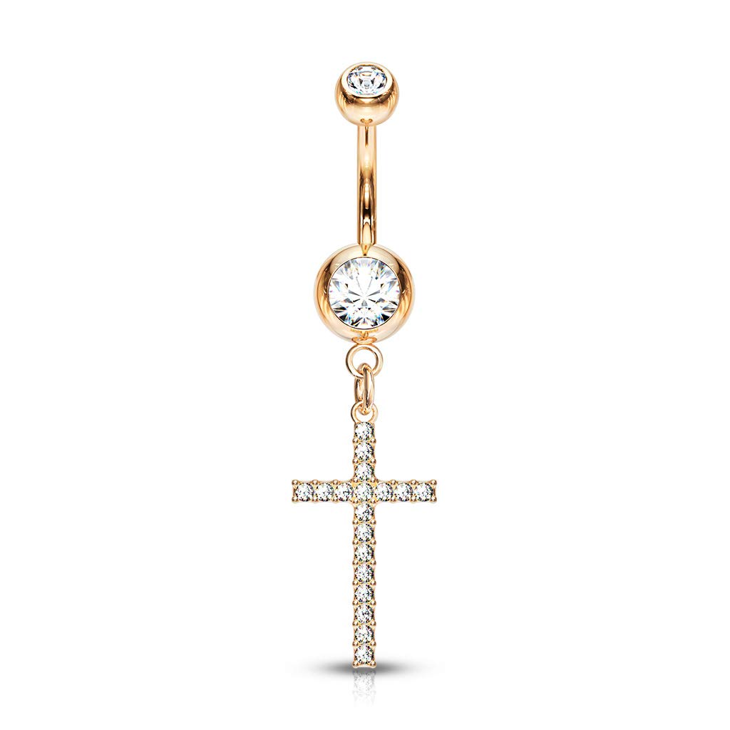 Dynamique Crystal Paved Cross Dangle Double Jeweled 316L Surgical Steel Belly Button Rings (Sold Per Piece)