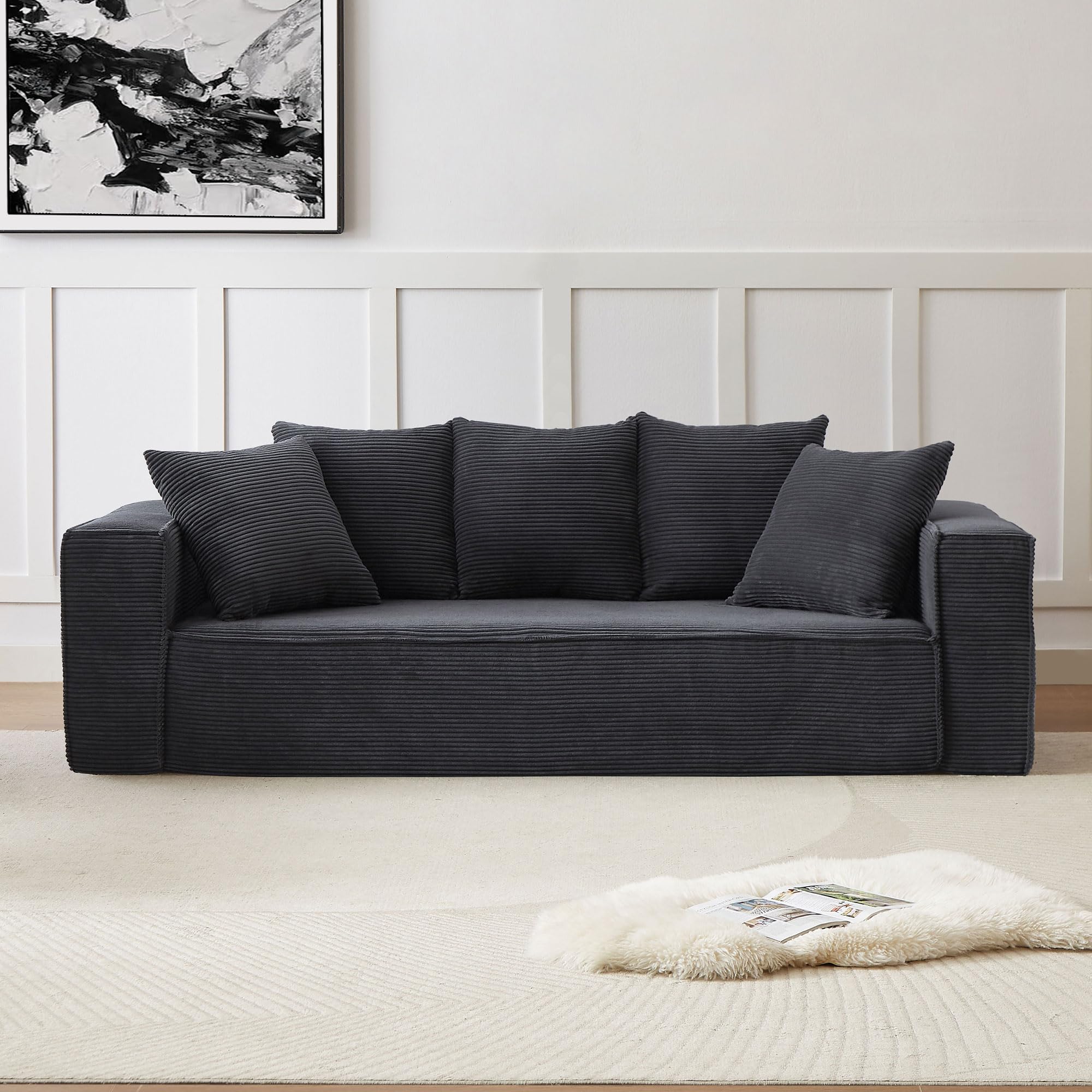 KEVINSPACE 89''Modern Sofa Couch for Living Room 3 Seater Comfy Sofa Corduroy Sofa Couches with 5 Pillows, All-Foam Sofa, NO Frame. No Assembly Required Sofa for Small Space, Apartment Black 22'' H