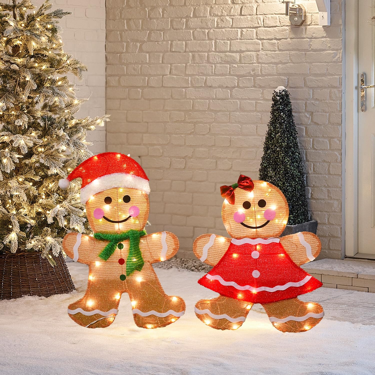 Dazzle Bright Christmas Outdoor Decorations Yard, 2-Piece Lighted 2D Gingerbread Man with 50 L, 23 Inch Pre-Lit Light Up Gingerbread Man, XMAS Festive Holiday Front Garden Patio Yard Lawn Display
