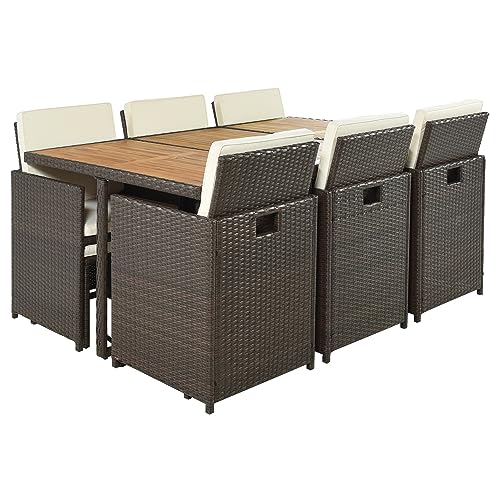 Merax 11-Piece Patio Furniture Set, All-Weather PE Wicker Dining Table Set with Wood Tabletop, Foldable 6 Chairs and 4 Stools, Space-Saving Design, Brown Rattan Beige Cushions Zippered