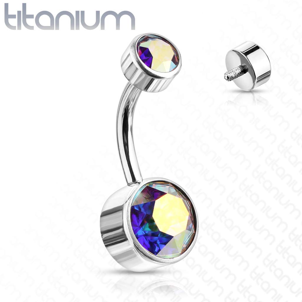 Dynamique Implant Grade Titanium Internally Threaded Top Double Round Swarovski Crystal Bezel Set Belly Button Ring (Sold Per Piece)
