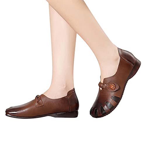 FASDNENDYS Women's Fashion Soft Leather Beef Tendon Soft Bottom Flat Heel Single Shoes Round Toe Four Mens Shoes Size 12 Brown