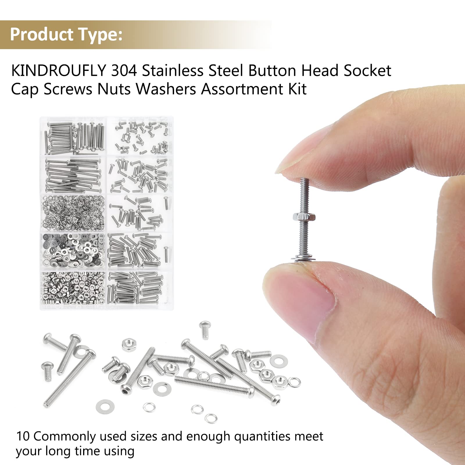 Kindroufly 562 Pieces M2 x 4/6 /8/10 /12/16 /20mm Button Head Socket Cap Screws Nuts Washers Assortment Kit, 304 Stainless Steel, Fully Machine Thread