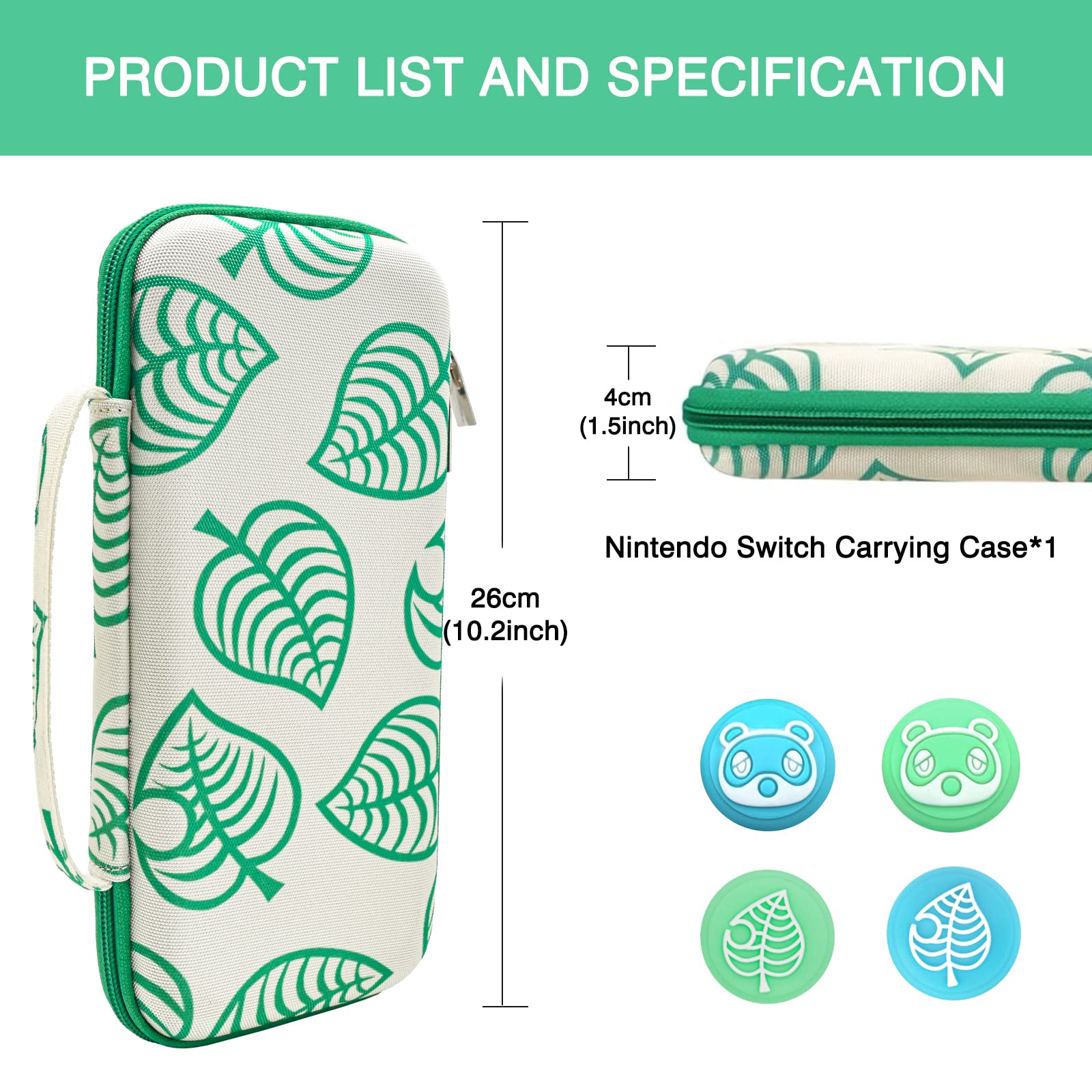 DLseego Animal Crossing Switch/Switch OLED Carrying Case Protective Hard Shell 10 Game Card Slots Slim Travel Storage Bag Switch/Switch OLED Accessories with 4PCS New Leaf Thumb Grips Caps