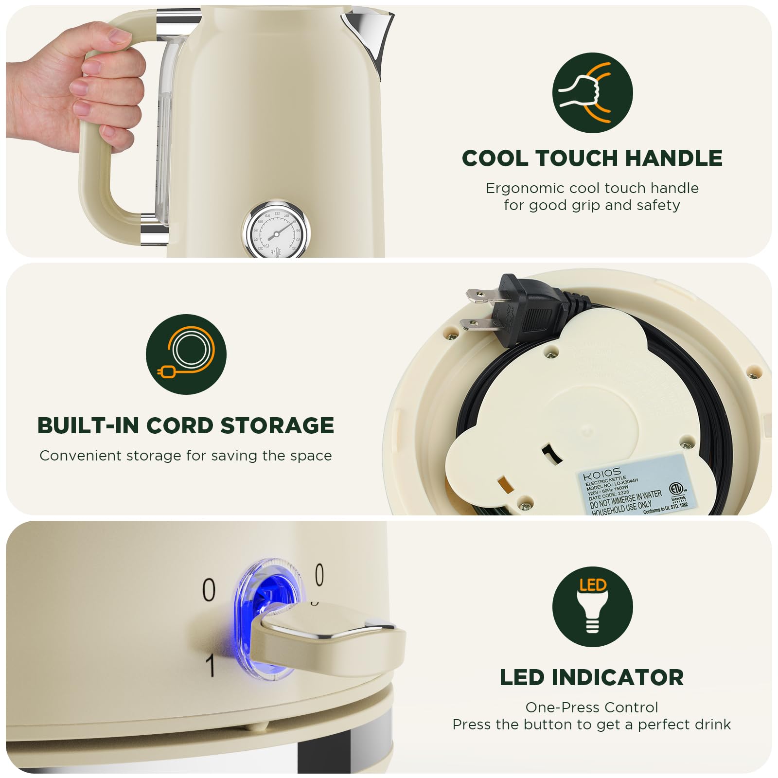 KOIOS Electric Kettle,1.8L 1500W Tea Kettle Water Boiler, Double Wall Protect 100% Stainless Steel Quick Boil Hot Water Teapot, Auto Shutoff, Hot Water Kettle for Tea and Coffee, ETL tested, White