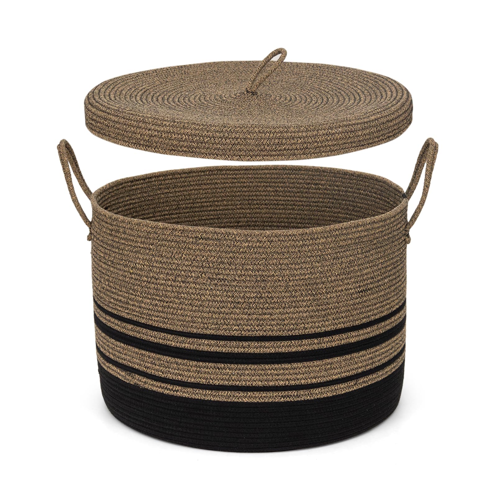 ORGMASTER Laundry Basket with Lid, Woven Cotton Rope Laundry Hamper Foldable Storage Organizer Bin Blanket Basket for Comforter, Cushions, Clothes, Pillows, 20.5x20.5x15 Inch, Deep Brown/Black
