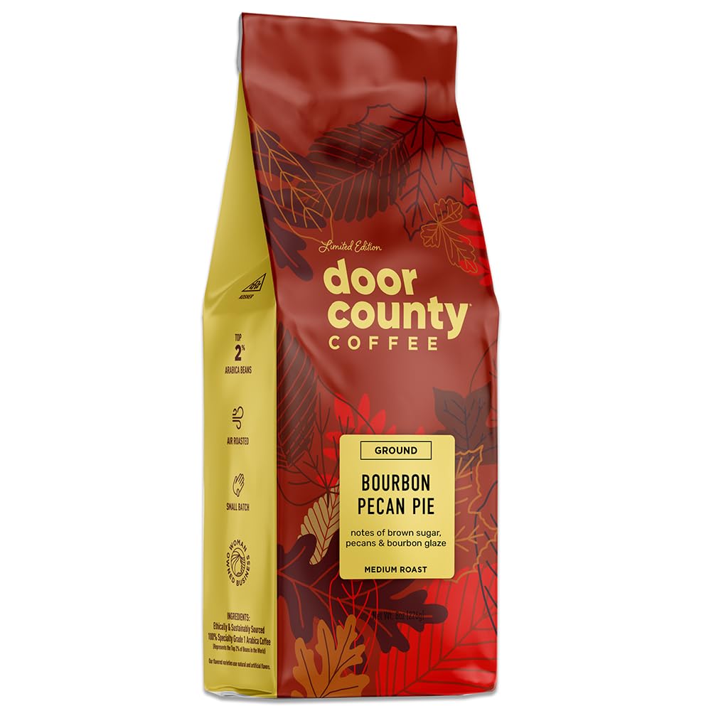Door County Coffee, Fall Seasonal Flavored Coffee, Bourbon Pecan Pie Flavored Coffee, Medium Roast, Ground Coffee, 8 oz Bag