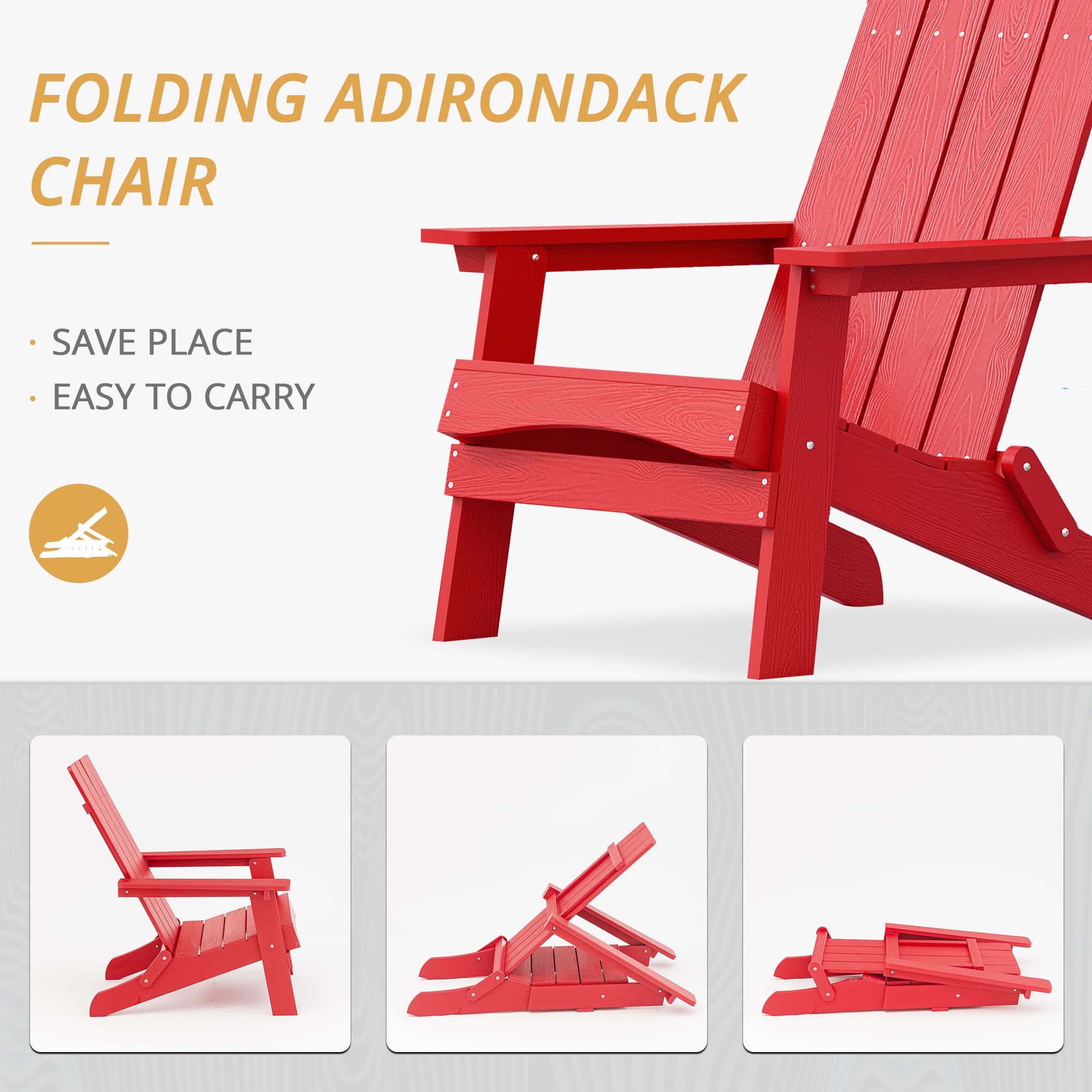 LUE BONA Folding Adirondack Chairs Set of 4, HDPS Poly Modern Adirondack Chair, Weather Resistant Plastic Adirondack Fire Pit Chairs for Patio, Porch, Deck, Pool, Garden, Backyard, Black
