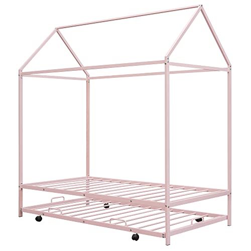 Merax Cute Montessori Bed with Trundle Twin, Metal Low House Daybed for Kids No Box Spring Needed/Space Spaving Pink
