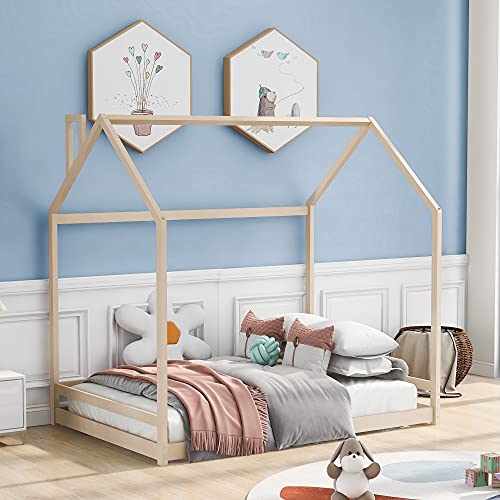 Merax Full Size House Bed Frame Floor Height Platform Bed for Kids and Toddler. Wood Full Bed Frame for Boys and Girls, House Shaped, Twin