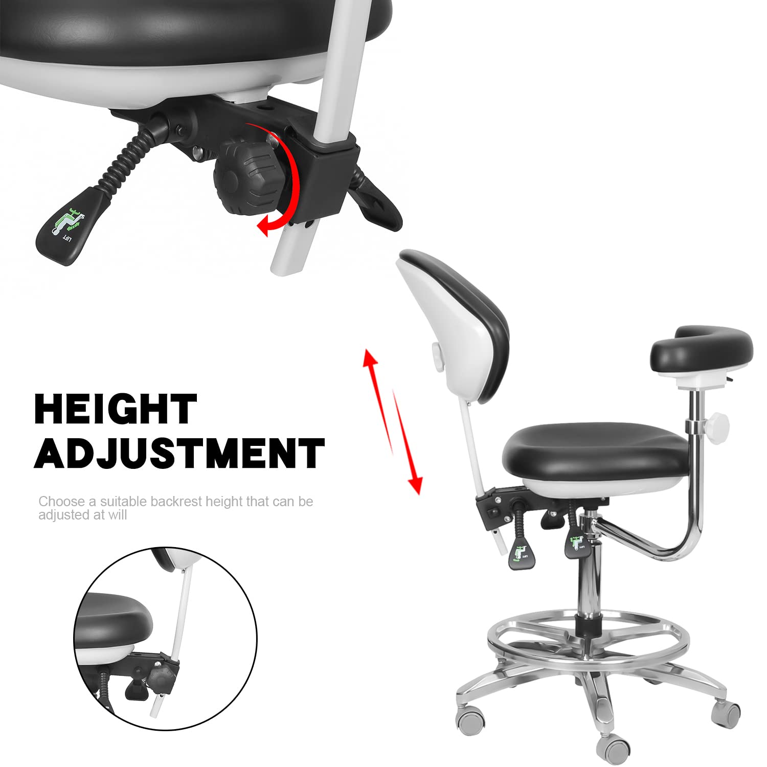 ORILAO Multi Function Adjustable Dental Assistant Stool with Armrest Rack Rolling Cover PU Leather Foot Controlled
