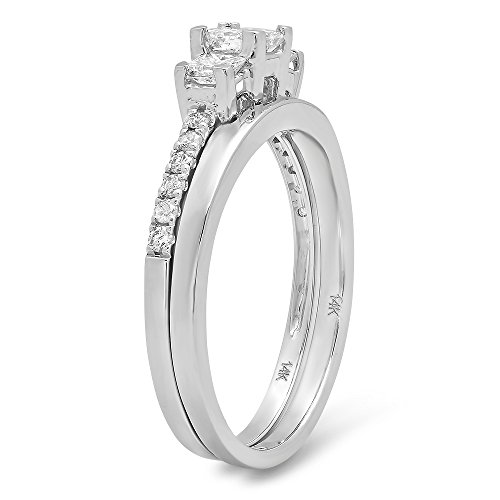 Dazzlingrock Collection 0.85 Carat (Cttw) 14K Princess & Round Diamond Women 3 Stone Engagement Ring Set, White Gold, Size 7