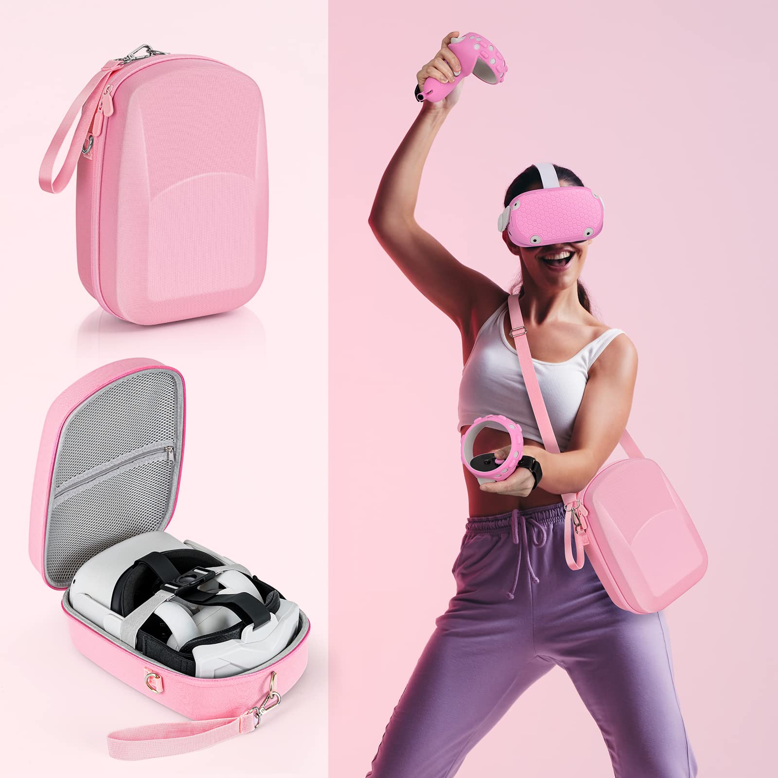 Hard Carrying Case for Oculus Quest 2 Accessories, Silicone Cover Set VR Shell Touch Controller Cover, Pink Front Face Protector Cover Crossbody Shoulder Chest for Women Girls Travel and Home Storage