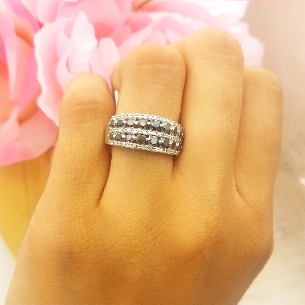 Dazzlingrock Collection 1.15 Carat (Ctw) 14k Round Black And White Diamond Women Anniversary Wedding Band Ring, White Gold, Size 7