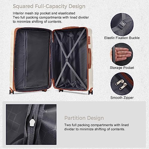 Merax Luggage Sets 3 Piece Suitcase, Hardside Suit case with Spinner Wheels Lightweight TSA Lock, Ivory/Brown, 20/24/28 Inch