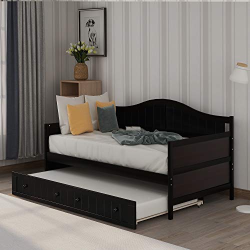 Lepfun Twin Size Wooden Daybed with Trundle, No Box Spring Needed Sofa Bed w/Slats Support, Classic and Simple Platform Bedframe for Bedroom, Living Room, Space Saving Furniture, Espresso