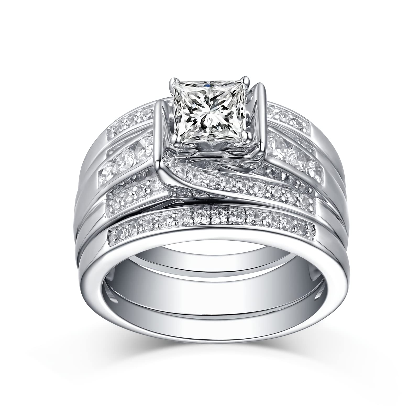 Engagement Ring for Women Bridal Sets 1 ct Princess Cut Moissanite engagement ring set wedding ring set Platinum Plated Silver Anniversary Promise Rings 3 piece set wedding ring size8