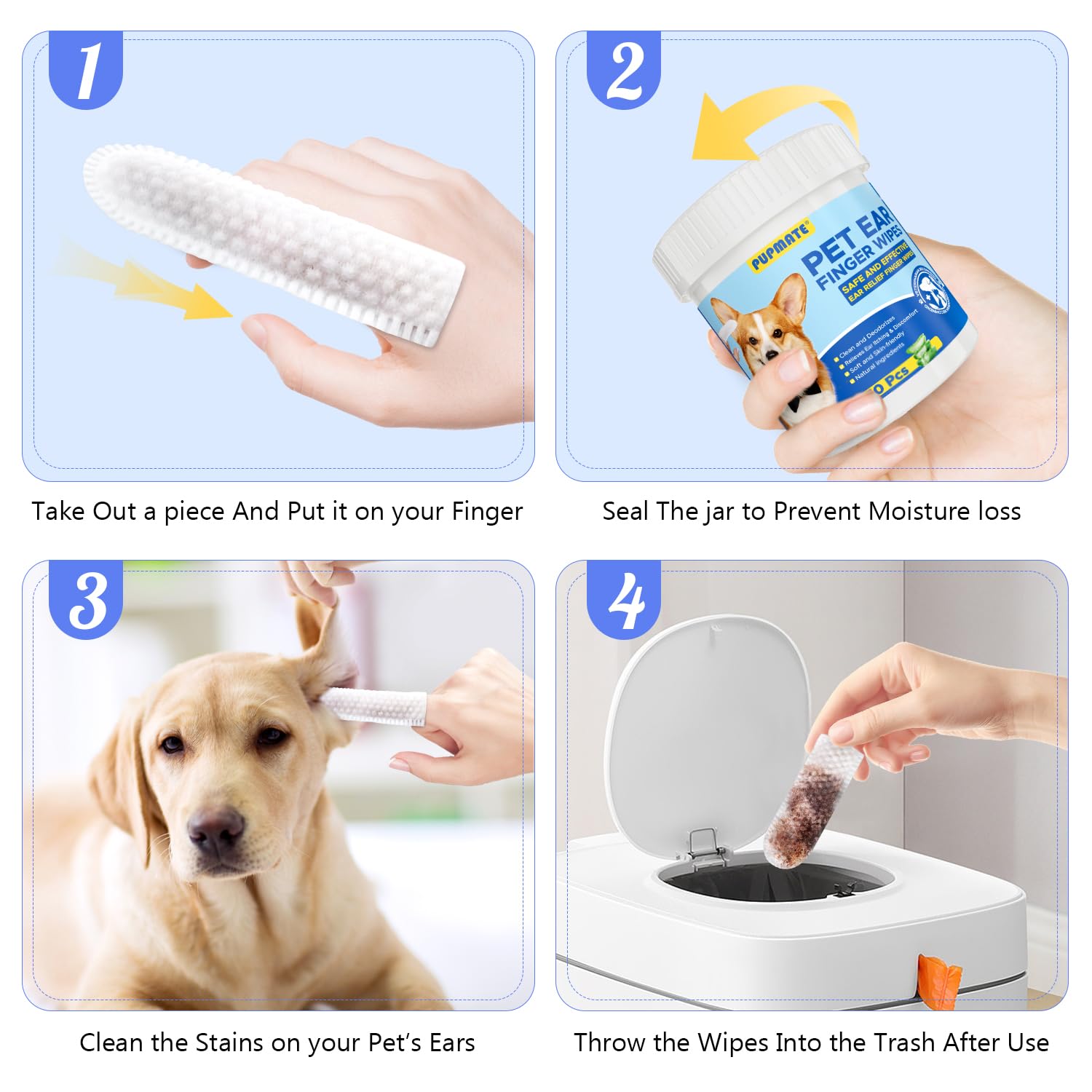 PUPMATE Ear Finger Wipes for Dogs & Cats - Cleaning Earwax & Debris - Relieves Ear Itching & Discomfort - Fresh Aloe Scent - Sooths & Repair, Natural Ingredients-100 Count