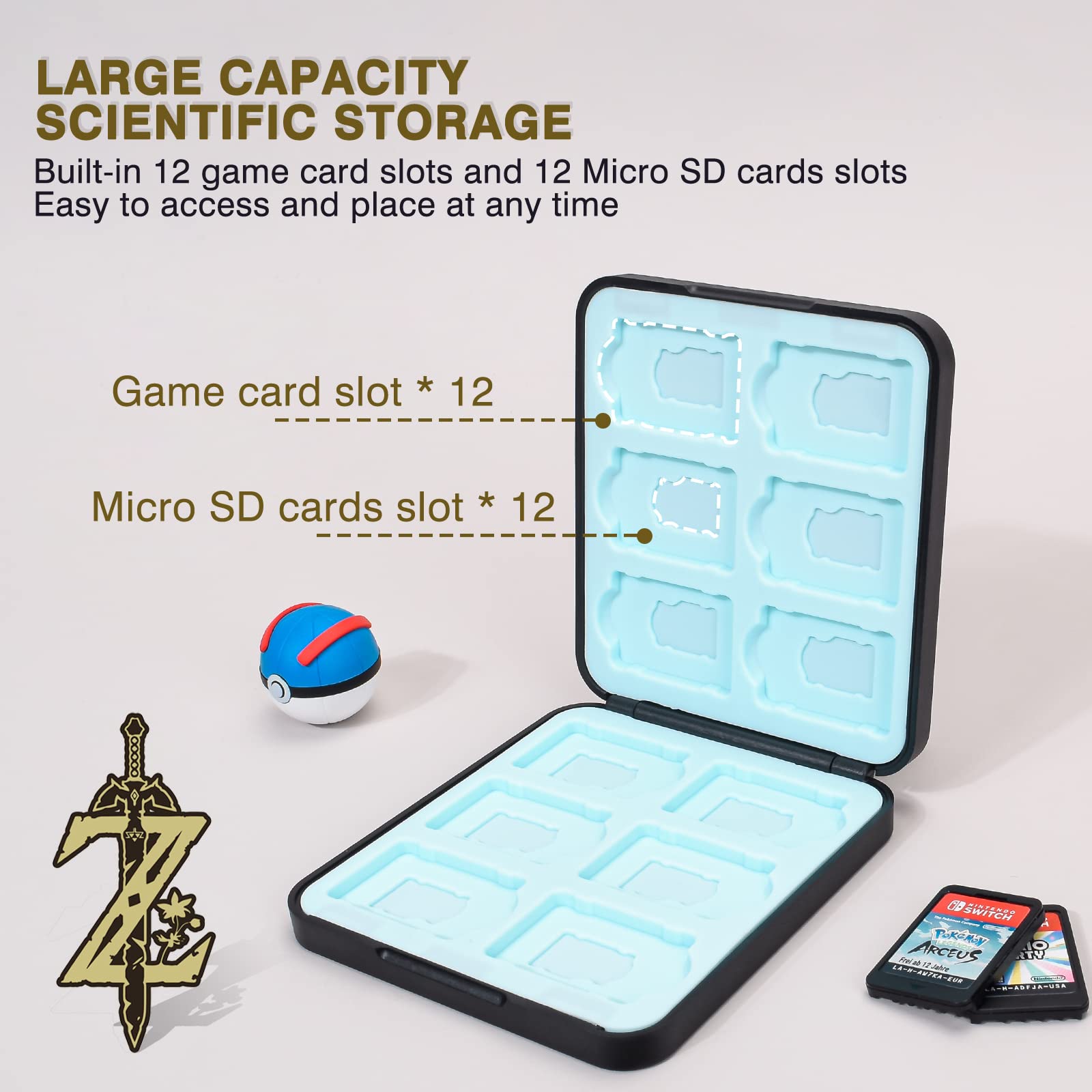 DLseego Zelda Sword Game Case for Switch Lite/Switch/Switch OLED, 12 Slots Game Cards Holder and 12 Micro SD Card Slots, Cartoon Portable Game Card Storage Cartridge Box -- Black