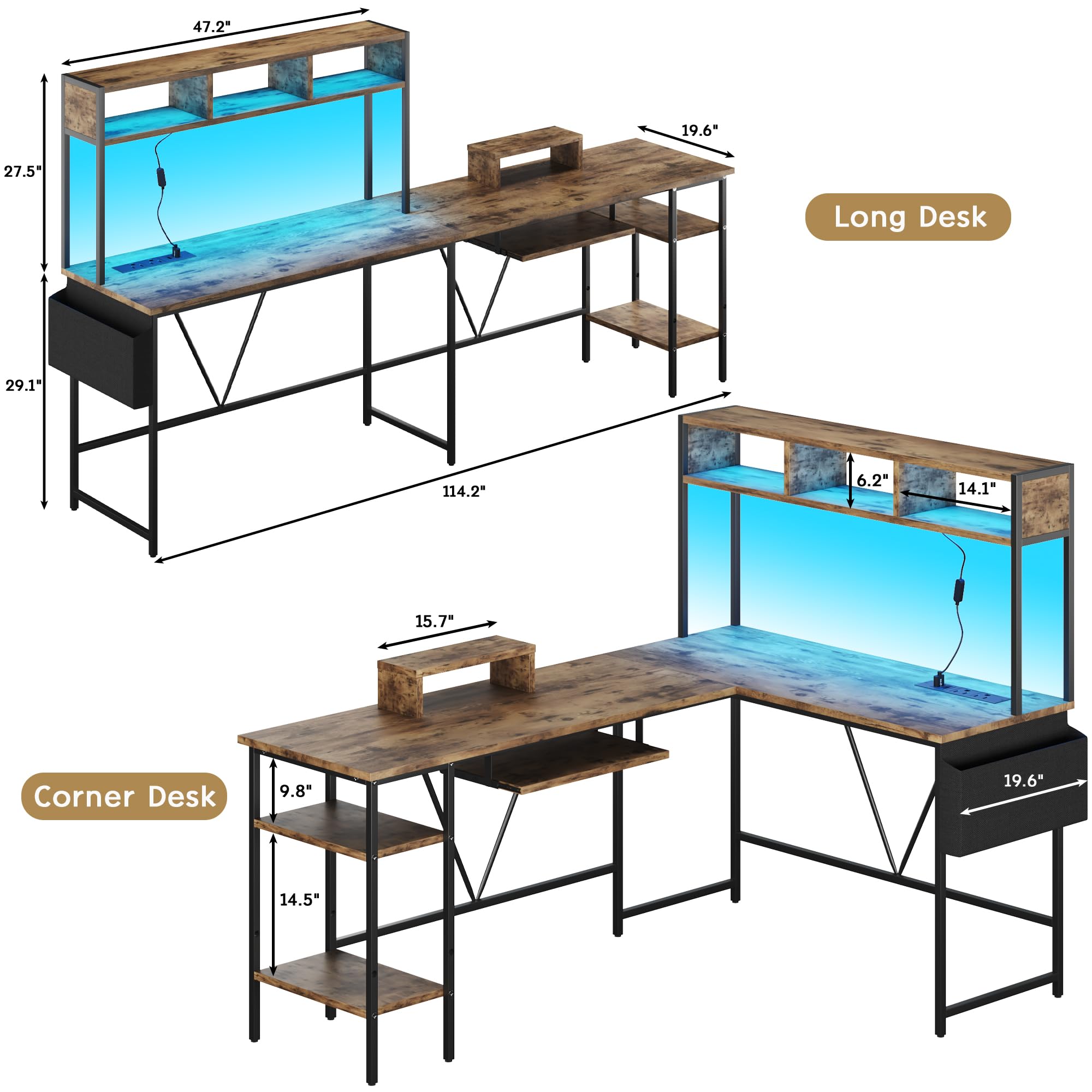 Furmax L Shaped Gaming Desk with LED Lights&Power Outlet, Reversible Corner Computer PC Desk Table with Storage Shelves, Keyboard Tray, Monitor Stand Home Office Gaming Working Studying (Rustic Brown)