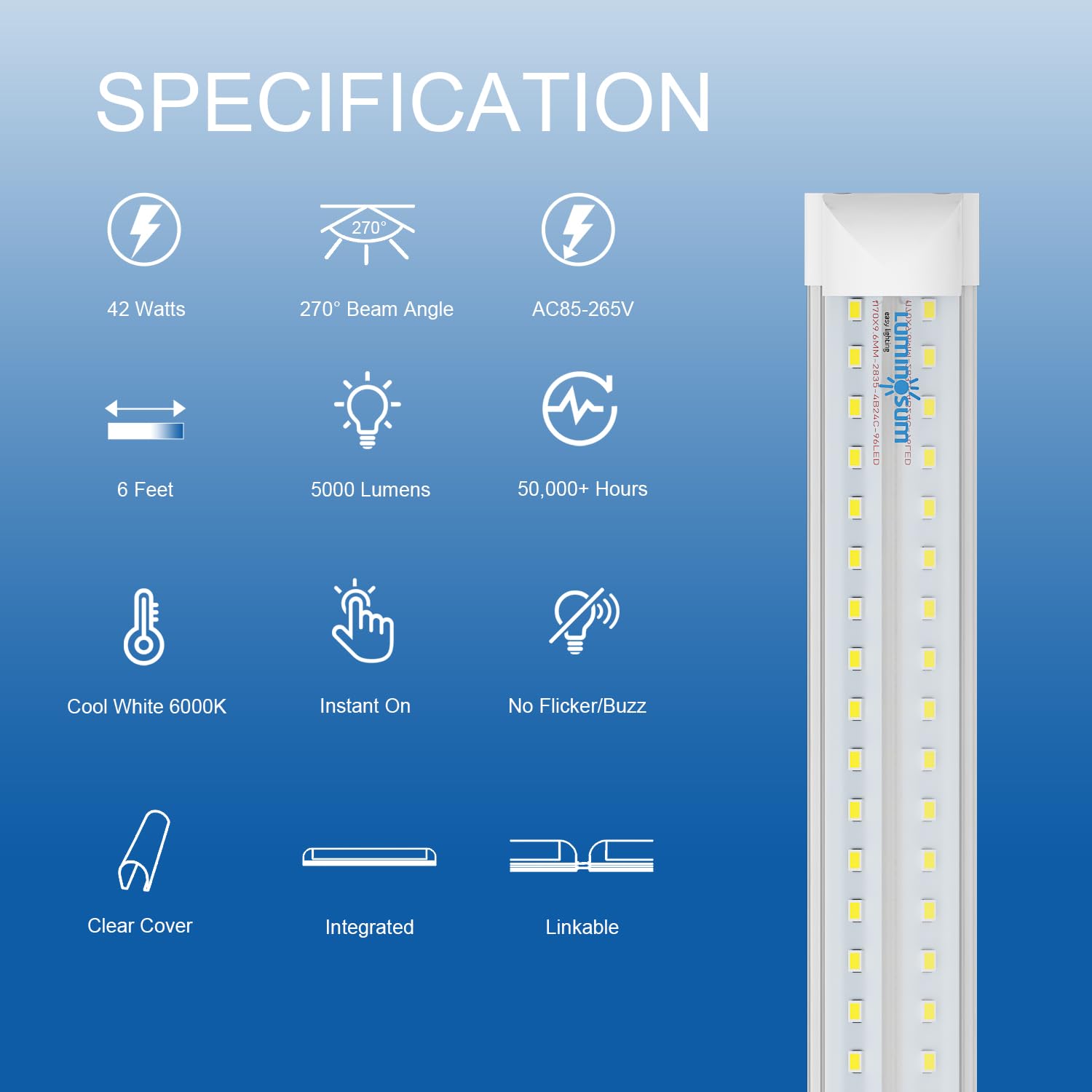 LUMINOSUM LED Shop Light 6ft, 42W LED Tube Light Fixture, Clear Cover Daylight 5000K, V-Shaped Integrated Fixture for Cooler Door Lighting, 20-Pack
