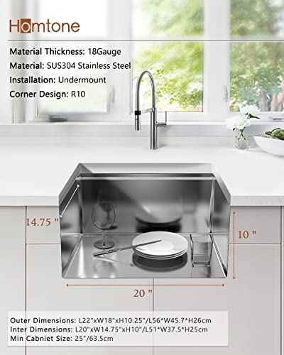 Homtone 22x18 Inch Workstation Kitchen Sink Undermount, Stainless Steel 10" Deep Single Bowl Sink, Workstation Sink with Accessories