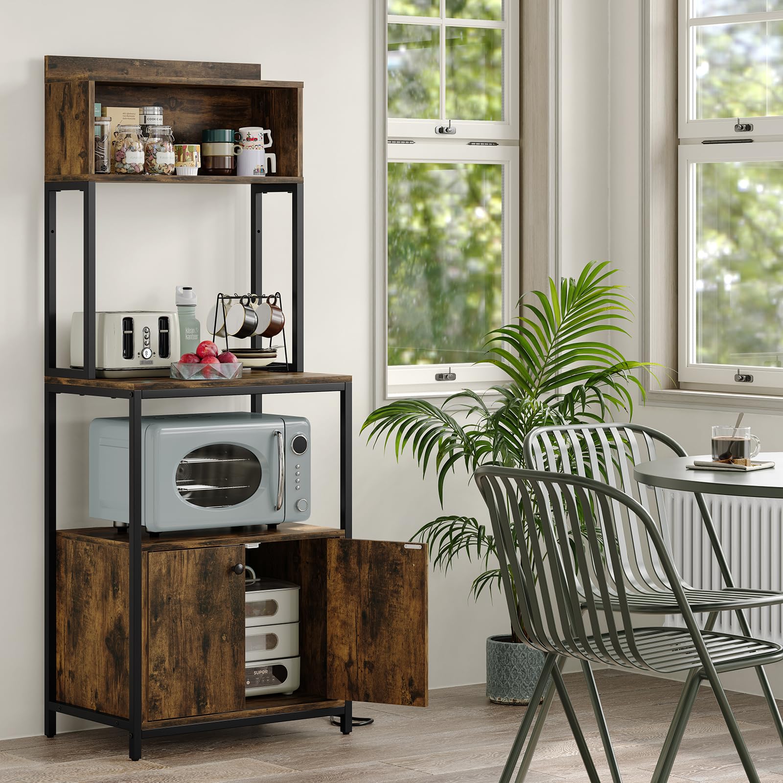 Furniouse 5-Tier Kitchen Bakers Rack with Power Outlet, Industrial Microwave Oven Stand with Storage, Kitchen Storage Shelf with Cabinet, Coffee cart, Standing Kitchen Storage Rack (Rustic Brown)