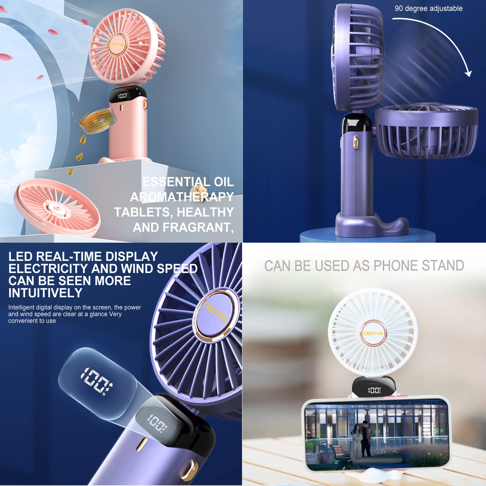 DMDFAN Mini Handheld Fan, Portable Personal Fan Hanging Neck Fan 90° Adjustable USB Rechargeable 5000mAh Small Desk Fan 5 Speed for Home Office Travel (5000mAh, Navy Blue)