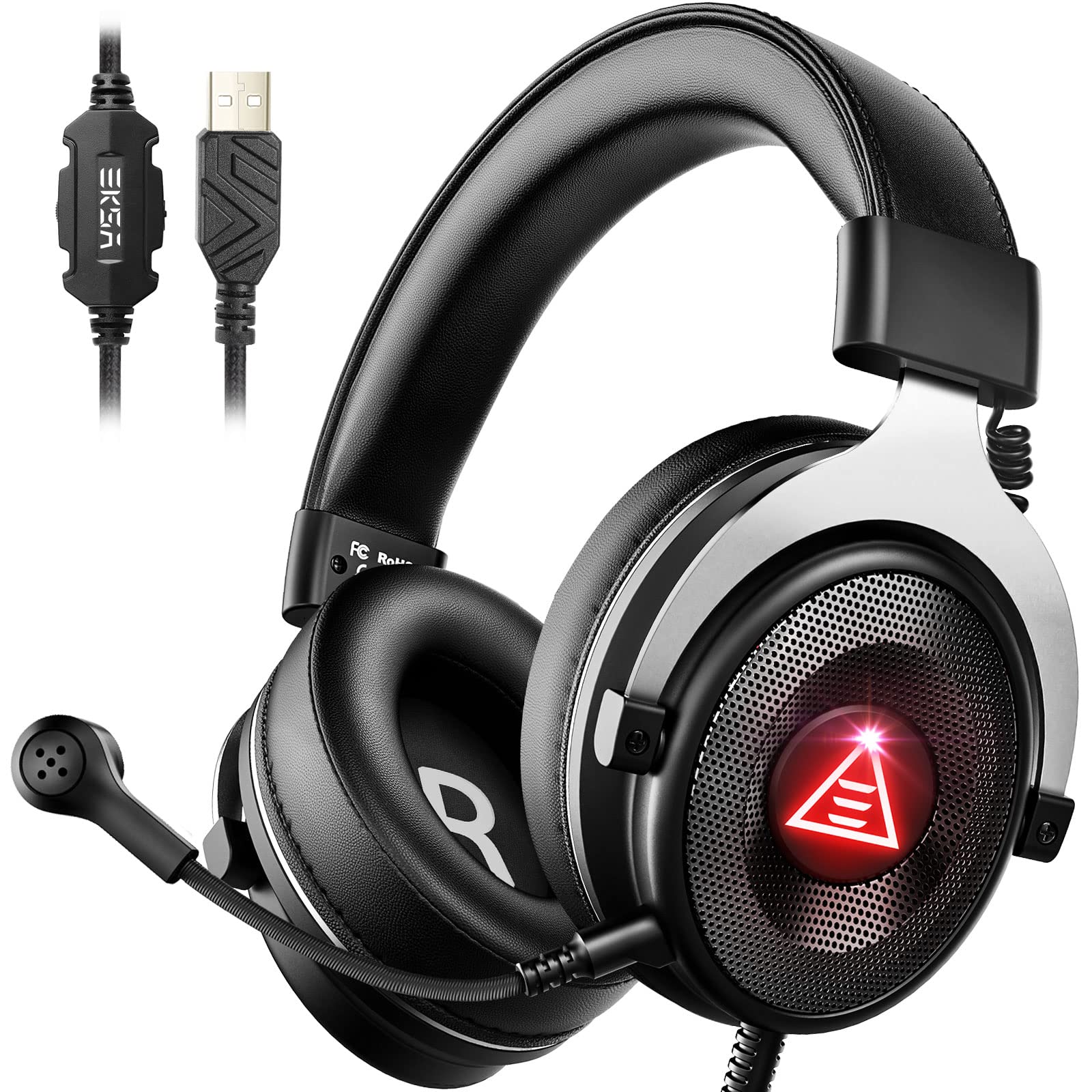 EKSA Gaming Headset E900 Plus, 7.1 Surround Sound, Wired Headphones with Microphone for Pc Ps4 Ps5, Detachable Noise Cancelling Microphone, Over-Ear, Premium Memory Foam Earpads