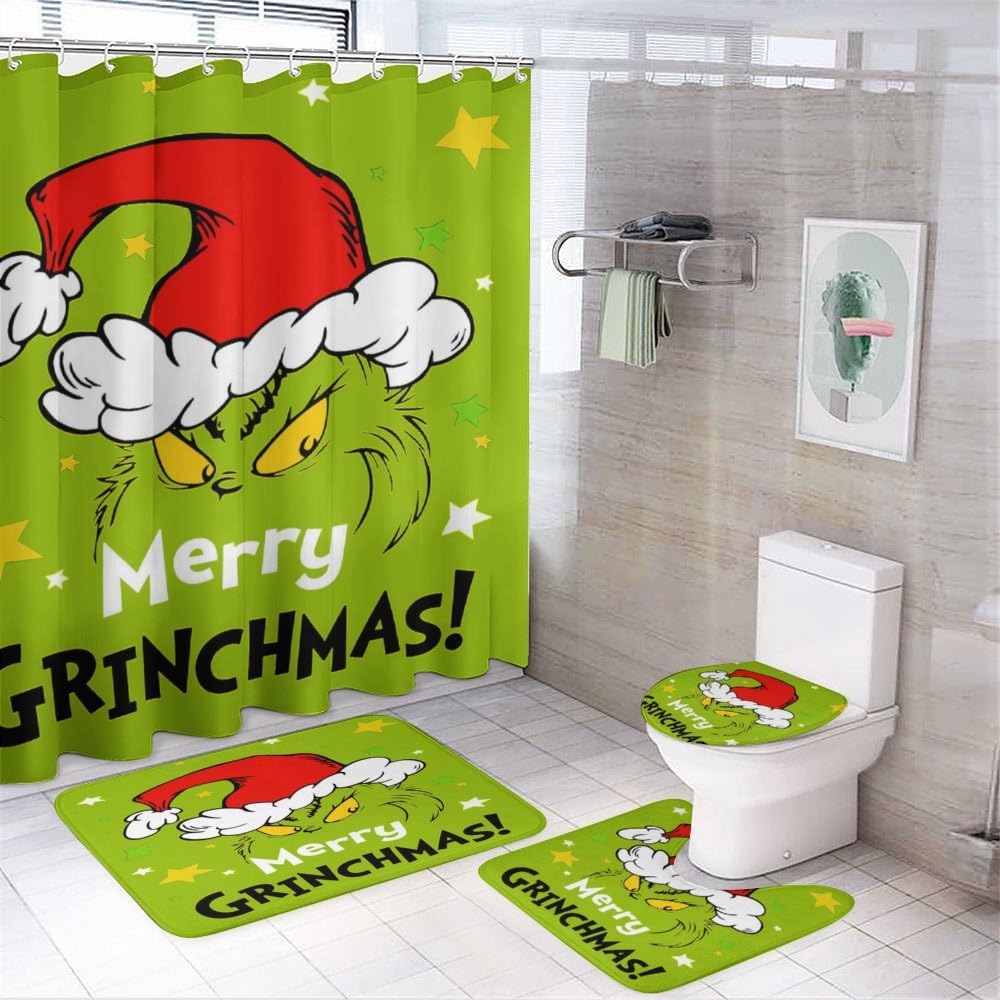 DELSRROW Christmas 4PCS Shower Curtain Set with Non-Slip Mat,Toilet Lid Cover,and Bath Mat, Polyester Fabric Shower Curtain with 12 Hooks,Durable Bathroom Decor Set 72 * 72INCH