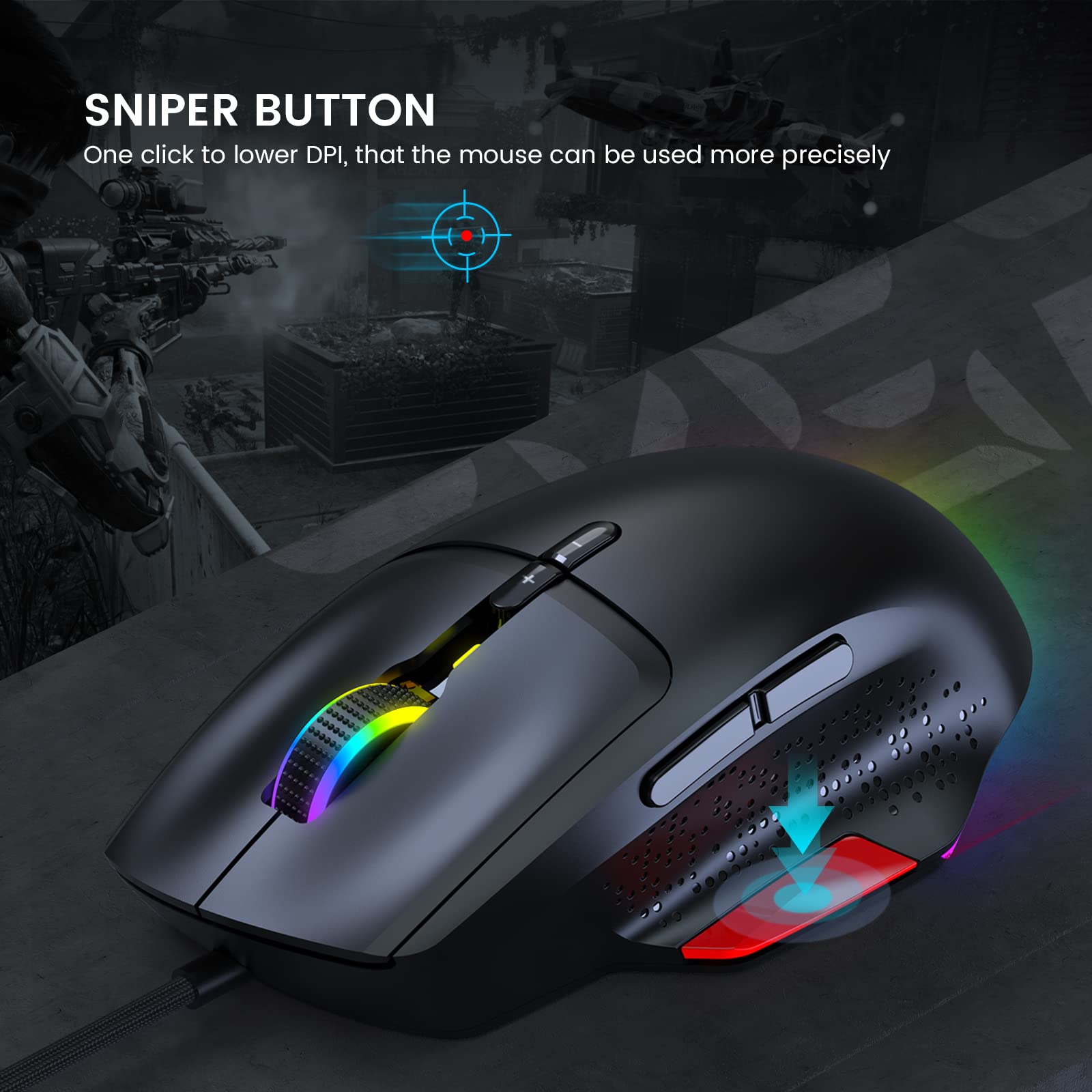 EKSA Gaming Mouse Wired, 90g PC Gaming Mice with 200-12000 DPI Adjustable, 9 Programmable Buttons, 12 RGB Backlit, Sniper Button, Ergonomic Computer Mouse for Windows/PC/Mac/Laptop