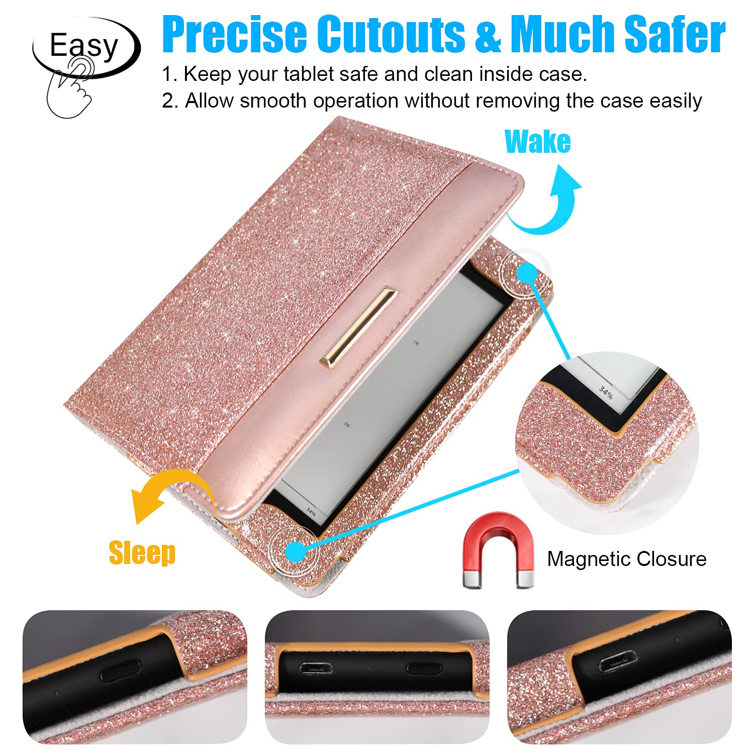 DMLuna Case for Kindle Paperwhite Cover, Fits All-New 10th Generation 2018 / All Paperwhite Generations, Smart Protective PU Leather Case, with Auto Sleep Wake, Hand Strap, Card Slots - Glitter Rose
