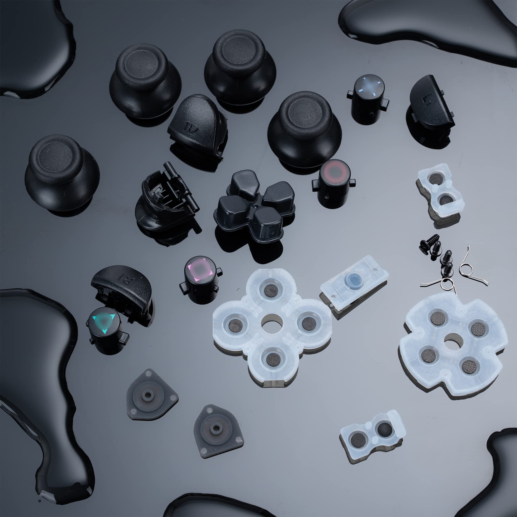 Full Button Set Replacement Parts for PS4 Controller, Thumbsticks, L1 R1 L2 R2 Triggers, Conductive Rubber Pads, ABXY Buttons, D-pad, Springs and Cross Screwdriver Repair Kit for PS4 Gen 1
